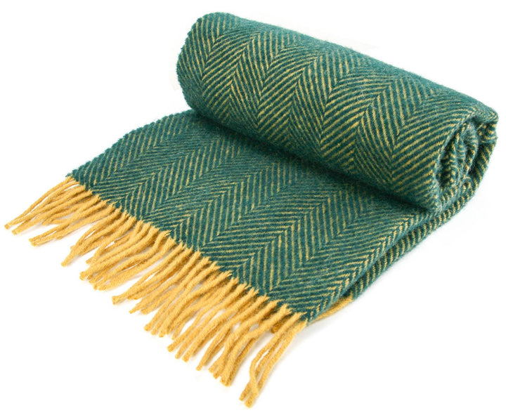 Herringbone Pure New Wool Throw - Emerald/Mustard – Wool Blanket Online